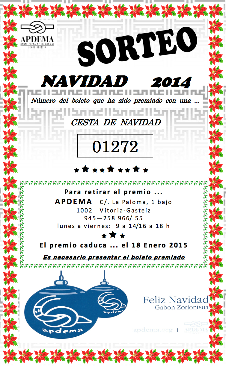 01272: NÚMERO PREMIADO EN EL SORTEO DE LA CESTA DE NAVIDAD | Apdema